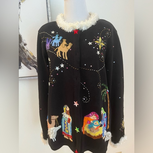 berek | Sweaters | Vintage Berek Black Christmas Nativity Scene ...